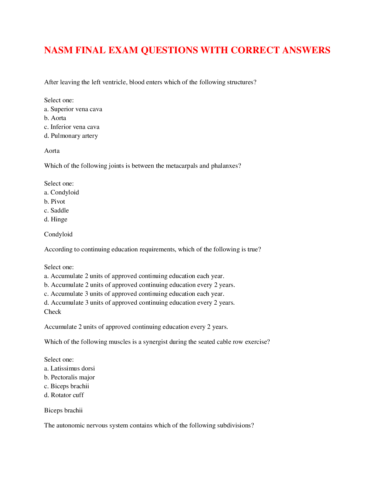 NASM FINAL EXAM QUESTIONS WITH CORRECT ANSWERS - Scholarfriends