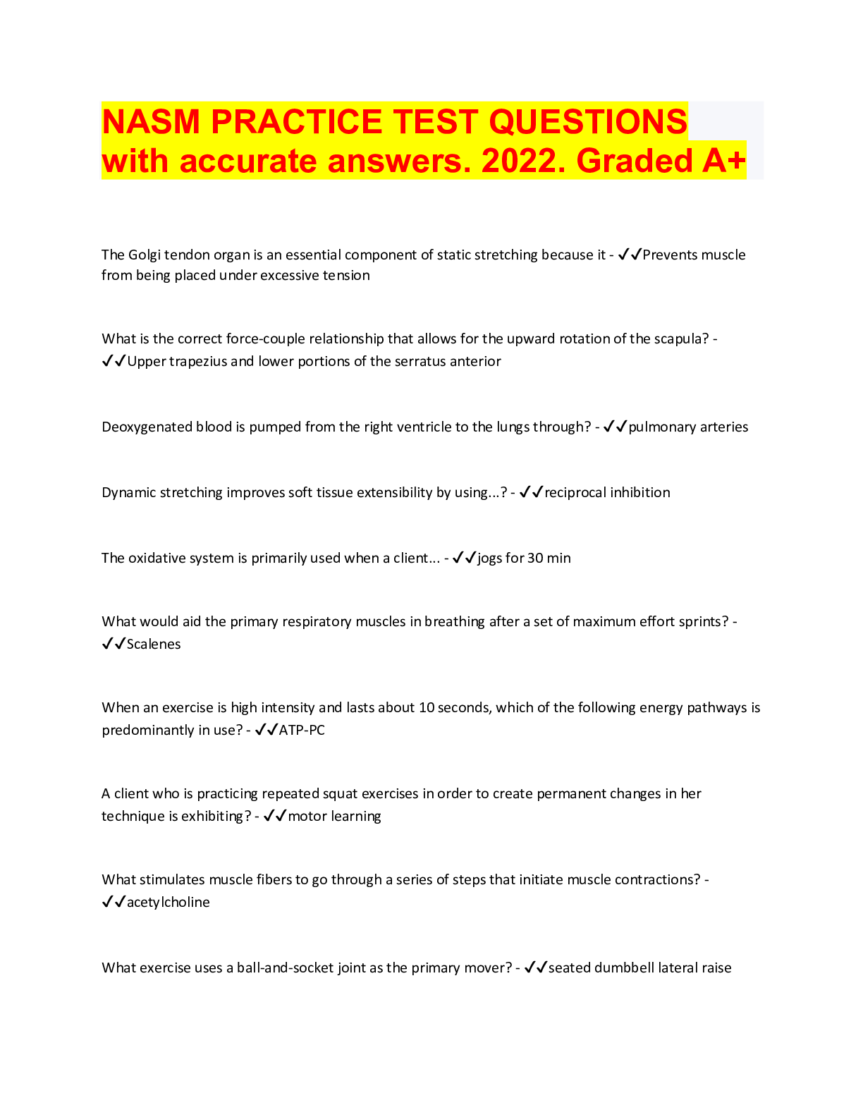 NASM PRACTICE TEST QUESTIONS with Accurate Answers. 100% Proven Pass ...