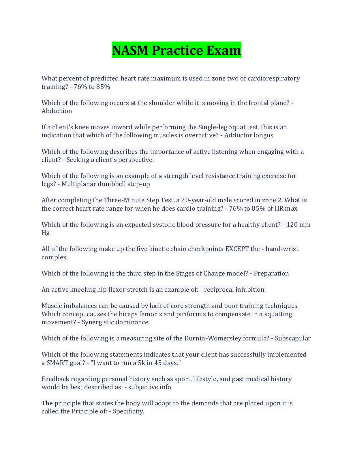 NASM Practice Exam Questions And Answers Latest Update With Complete ...