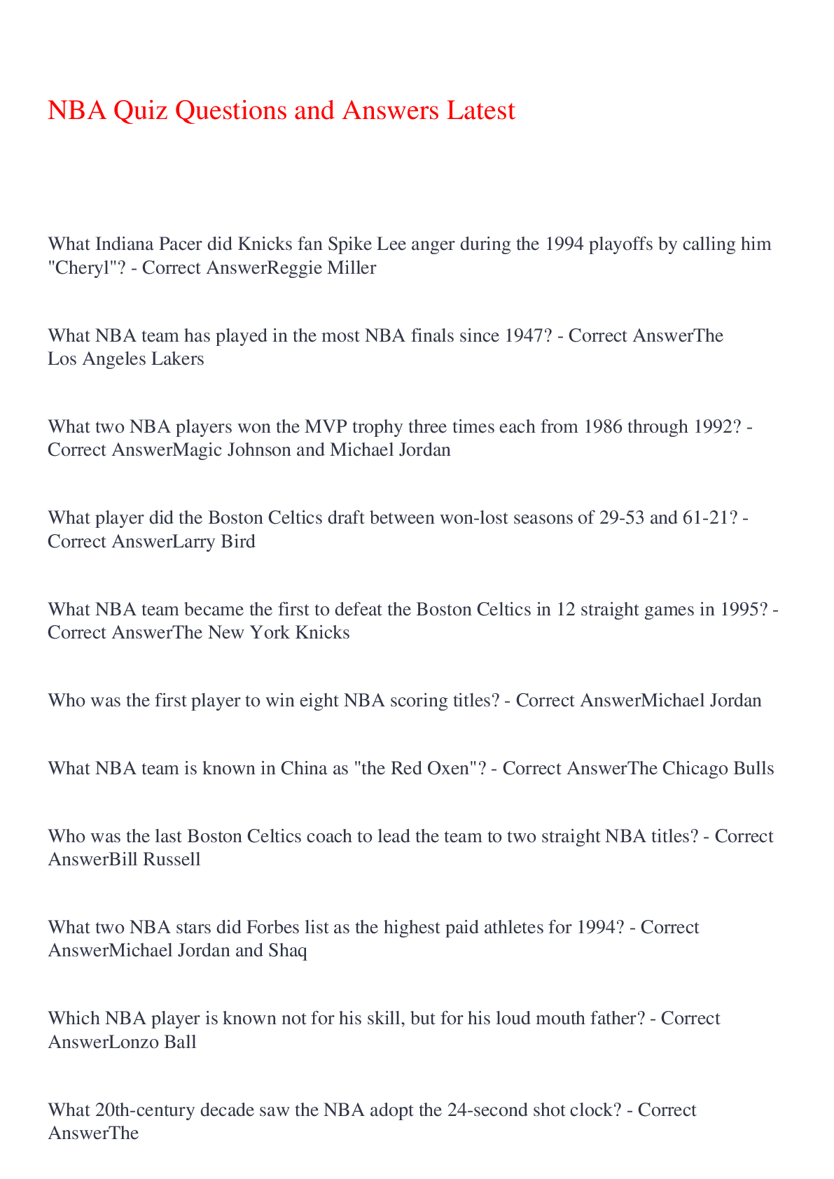 NBA Quiz Questions and Answers Latest,100% CORRECT - Scholarfriends