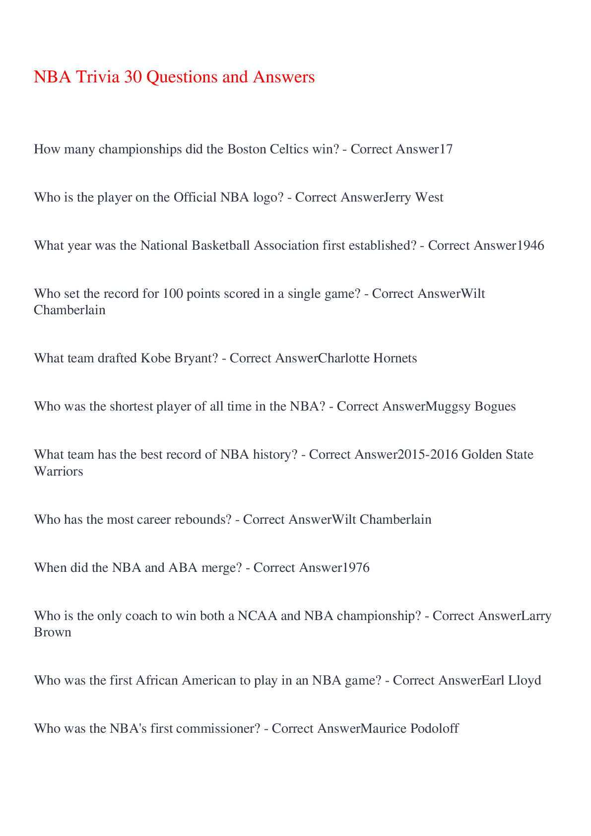 NBA Trivia 30 Questions and Answers,100% CORRECT - Scholarfriends