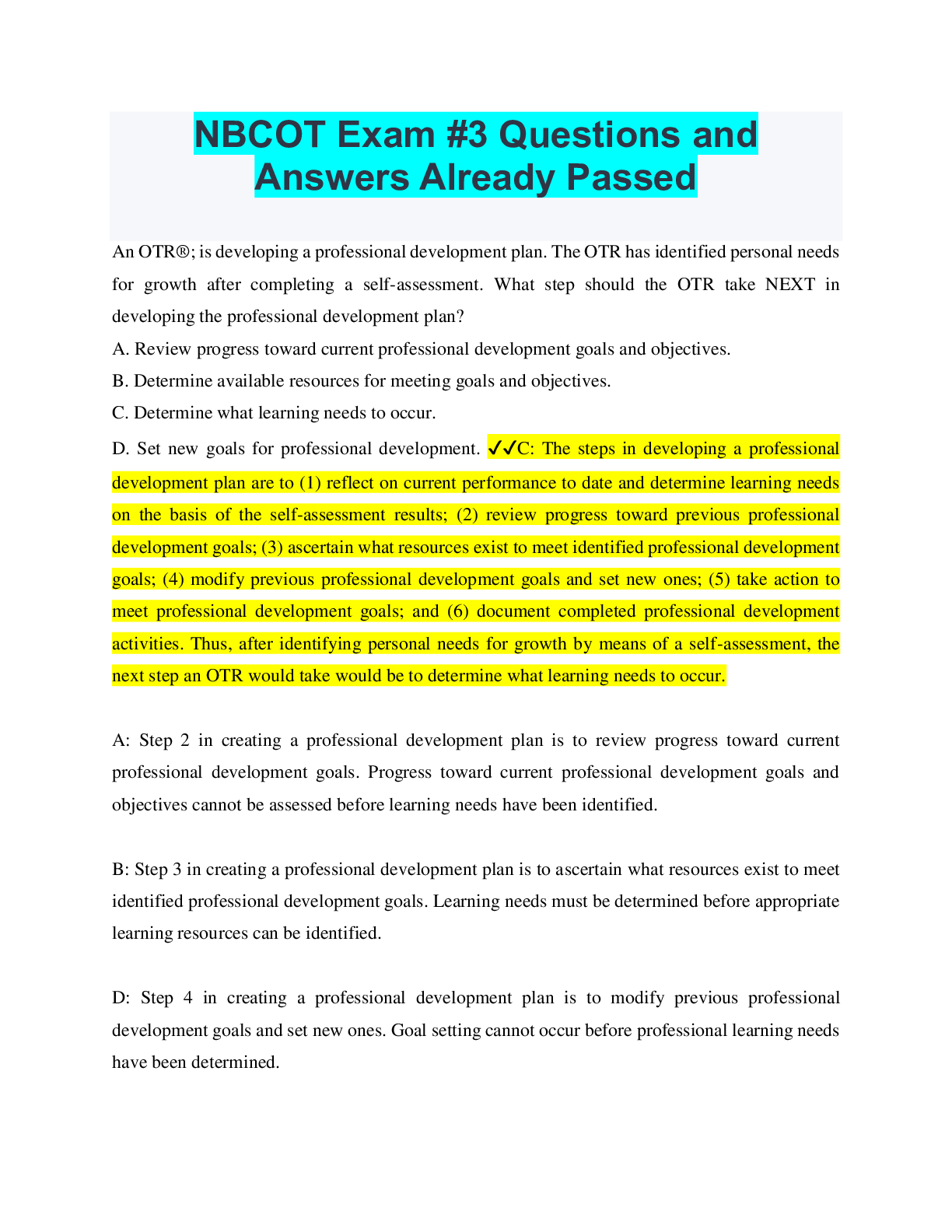 NBCOT Exam #3 Questions and Answers Already Passed - Scholarfriends