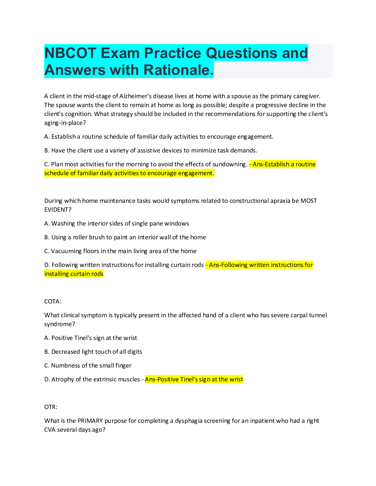 NBCOT Exam Practice Questions and Answers with Rationale. - Scholarfriends
