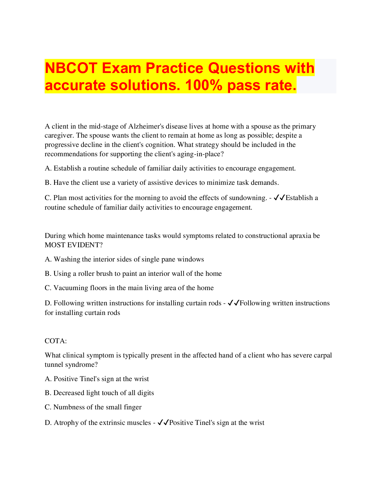 NBCOT Exam Practice Questions with accurate solutions. 100% pass rate ...