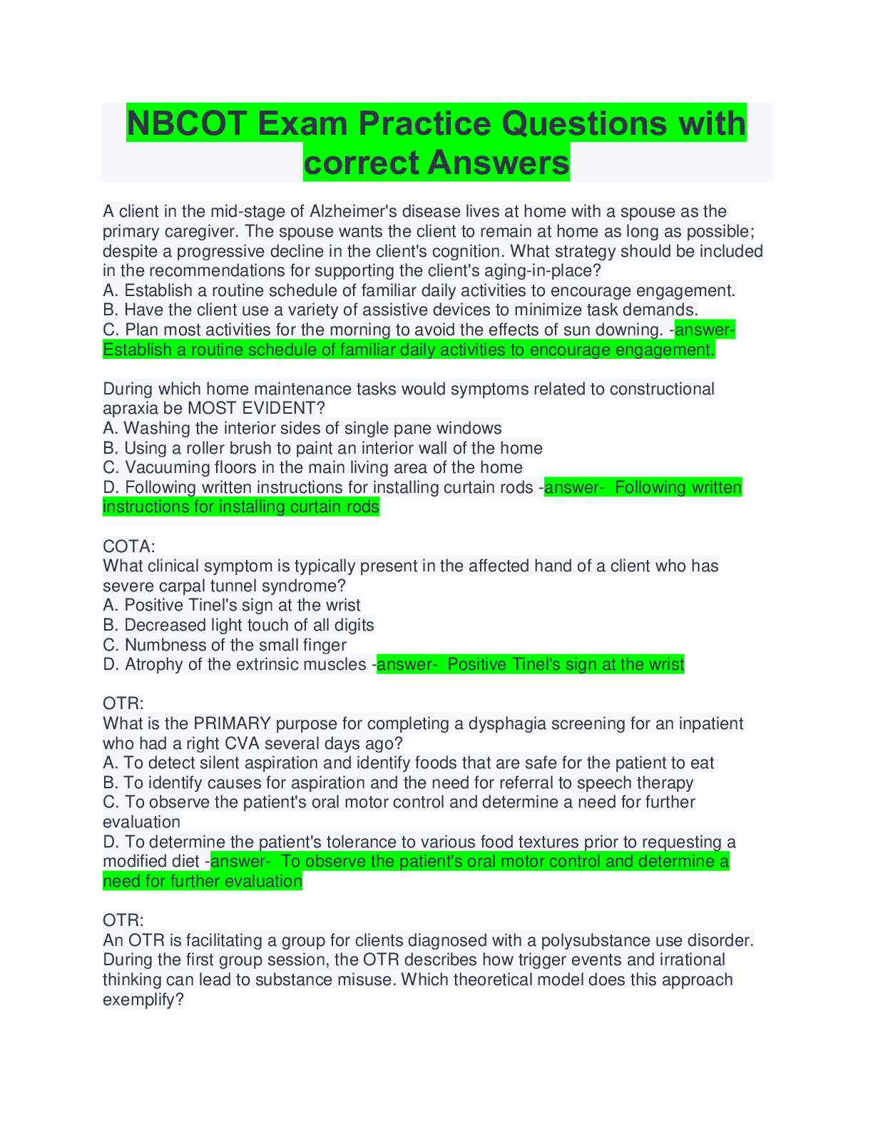 NBCOT Exam Practice Questions with correct Answers - Scholarfriends