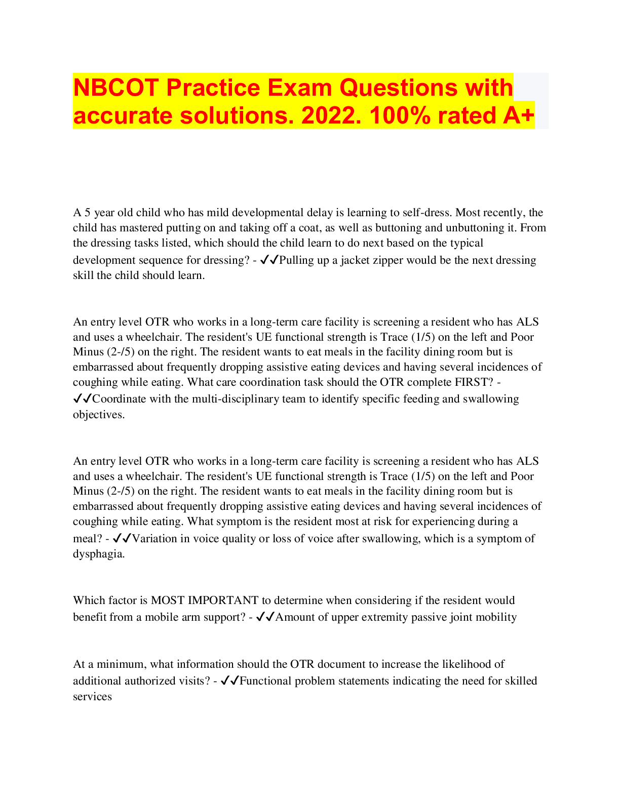 NBCOT Practice Exam Questions with accurate solutions. 2022. 100% rated ...