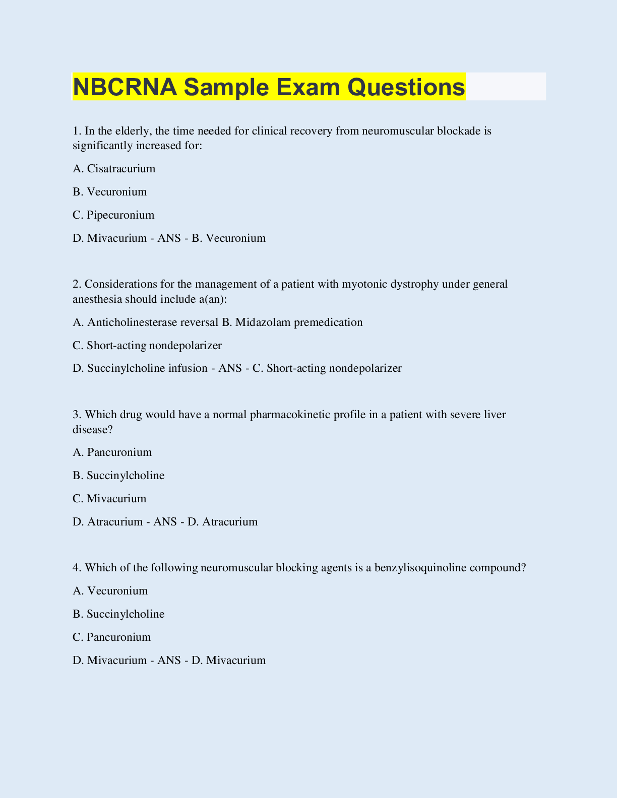 NBCRNA Sample Exam Questions | with 100% Correct Answers | Updated ...