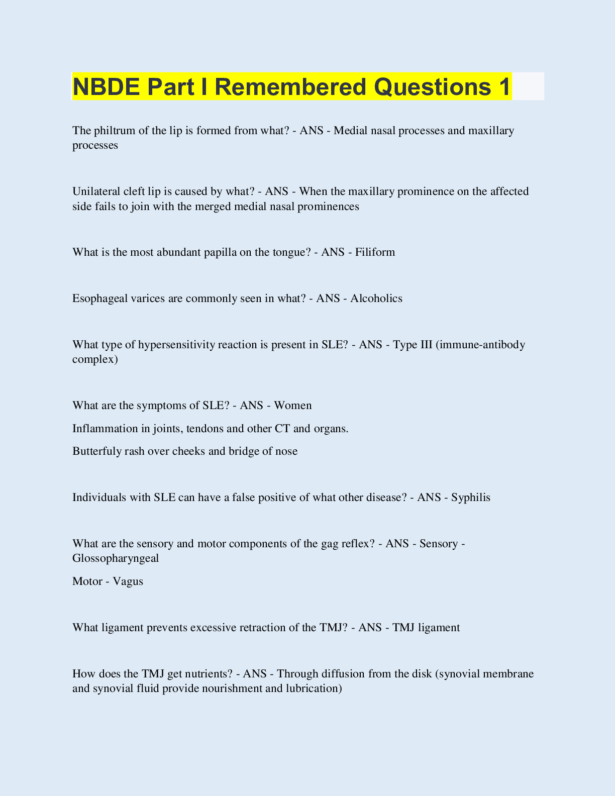 NBDE Part I Remembered Questions 1 - Scholarfriends