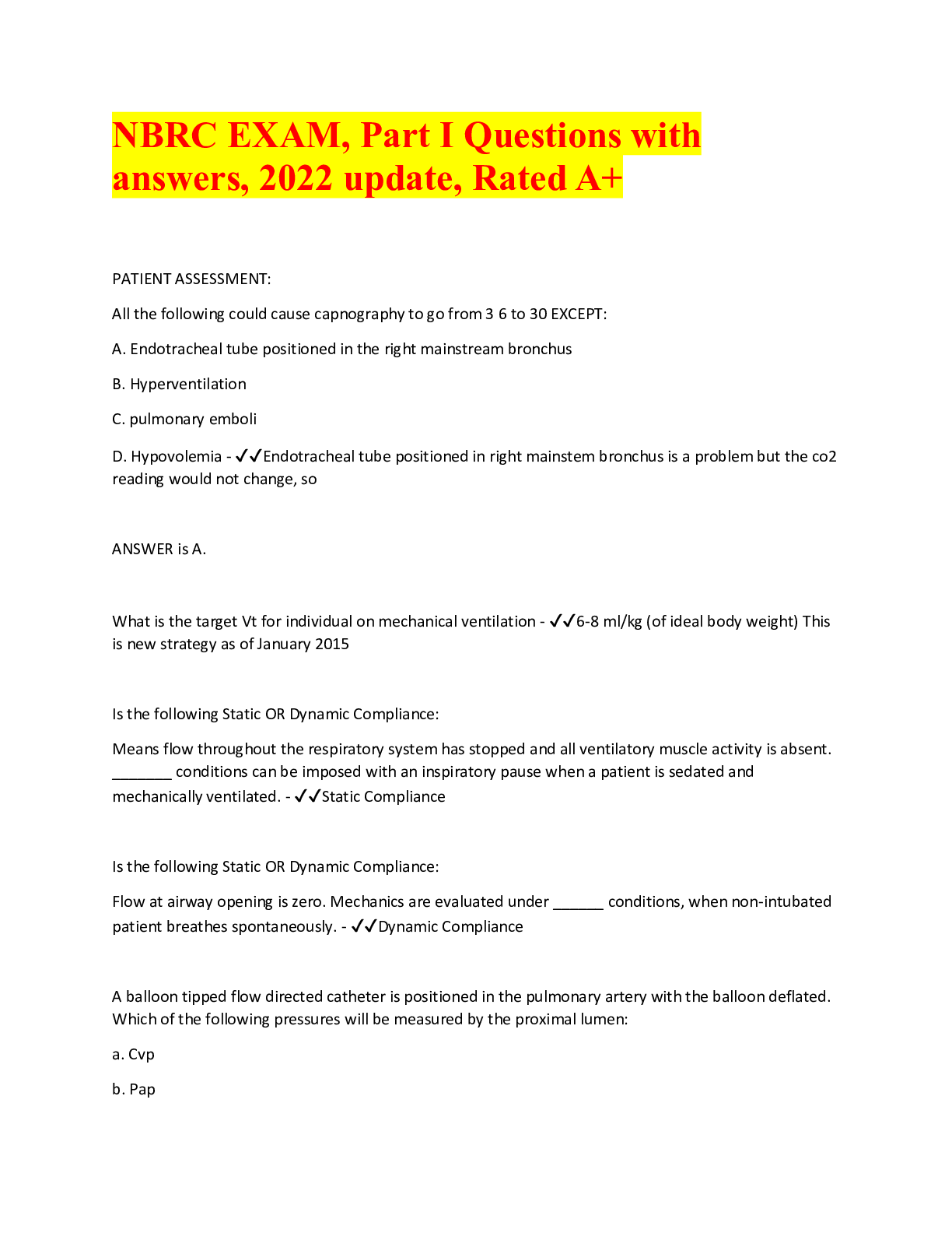 NBRC EXAM, Part I Questions with answers, 2022 update, Rated A+ ...