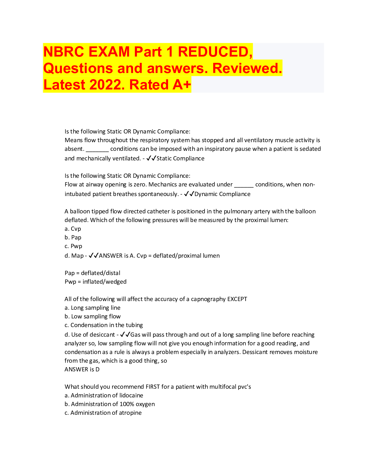 NBRC EXAM Part 1 REDUCED, Questions and answers. Reviewed. Latest 2022 ...