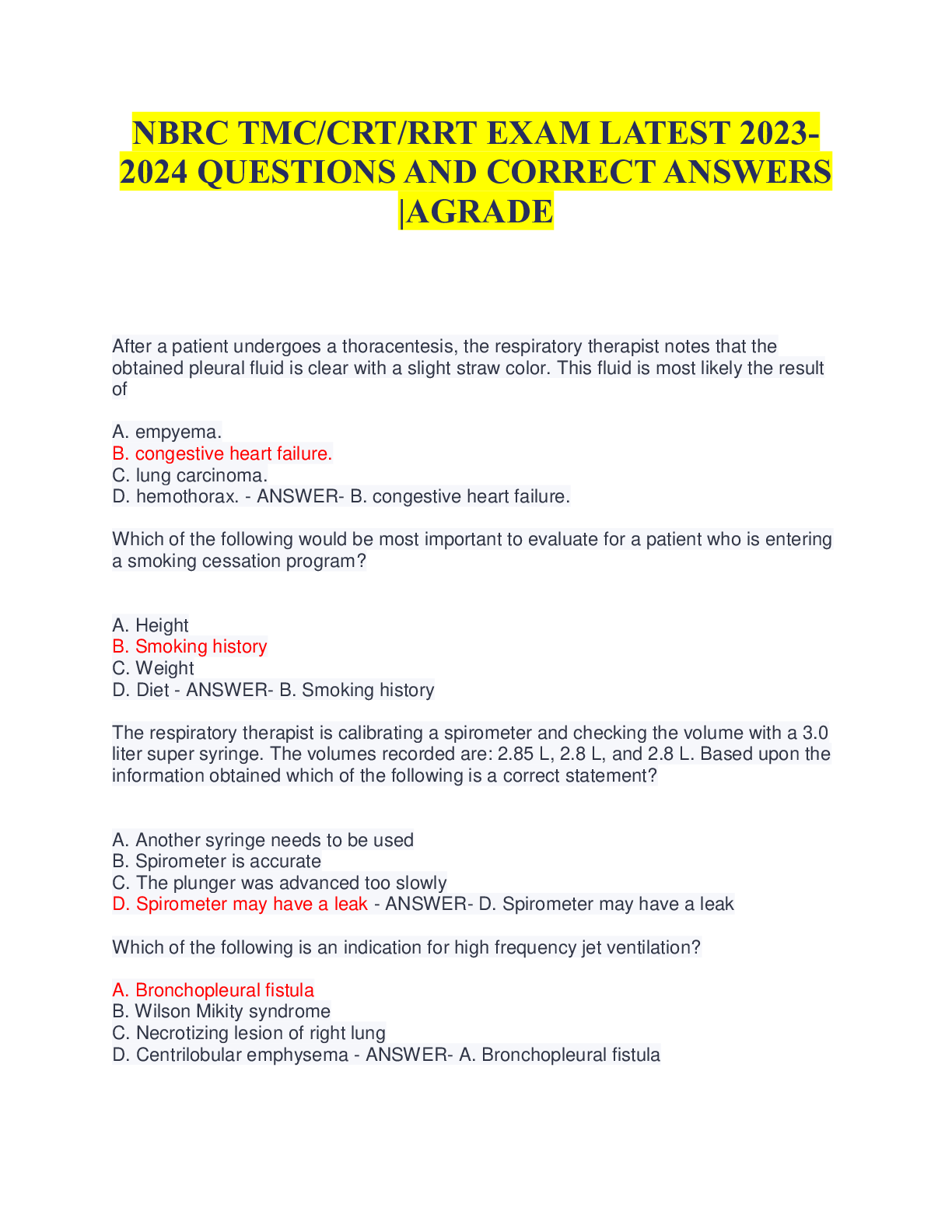 NBRC TMC MOCK BOARD EXAM REVIEW QUESTIONS WITH ANSWERS NEW COMPLETE ...