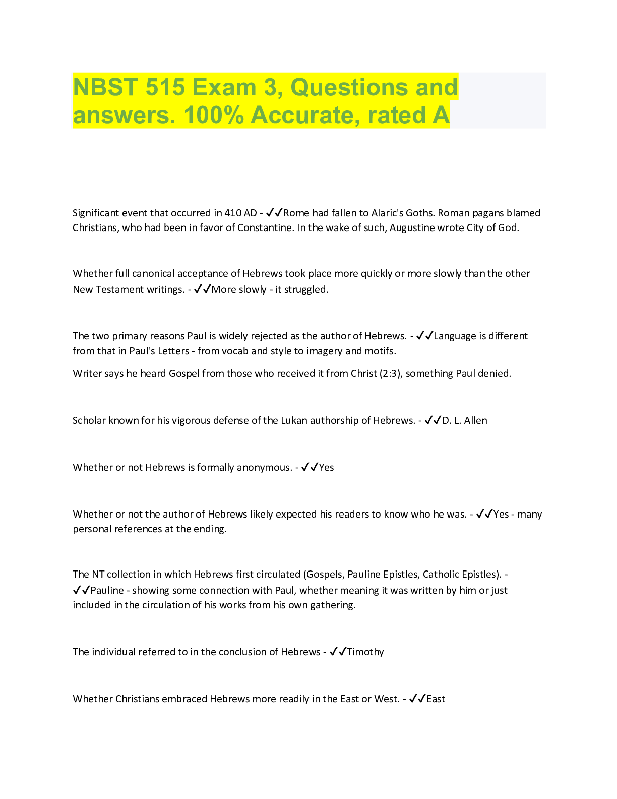 NBST 515 NEW TESTAMENT ORIENTATION 1 - EXAM 3 (QUESTIONS & ANSWERS ...