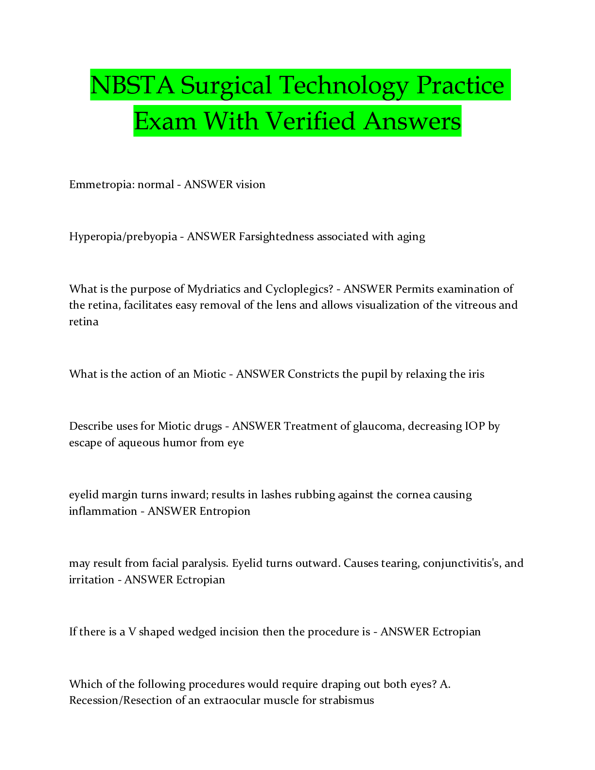 NBSTA Surgical Technology Practice Exam With Verified Answers ...