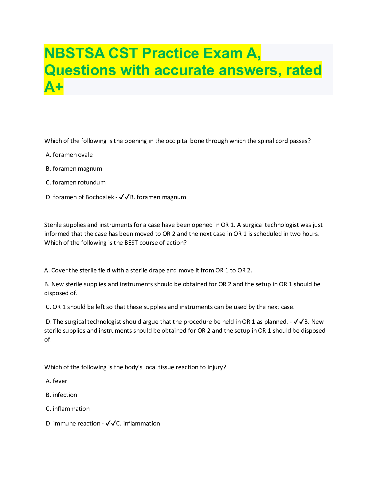 NBSTSA CST Practice Exam A, Questions with accurate answers, rated A+ ...