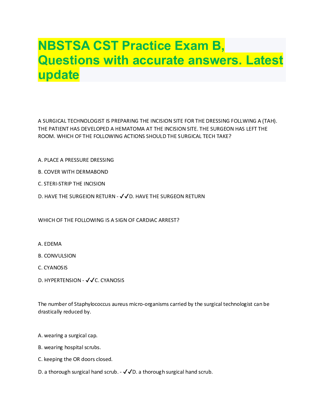 NBSTSA CST Practice Exam B (175 Questions with 100% Correct Answers ...