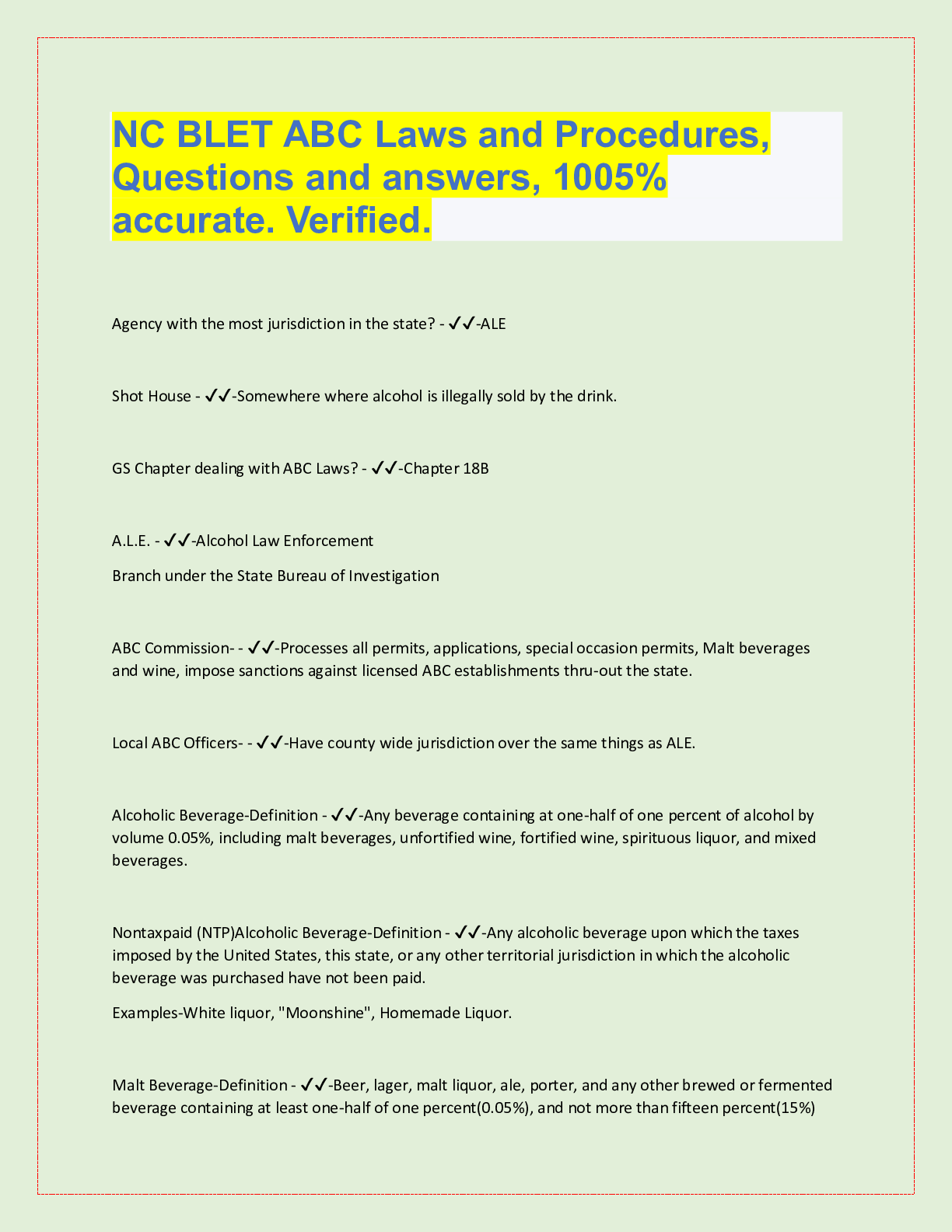 NC BLET ABC Laws and Procedures, Questions and answers, 1005% accurate ...