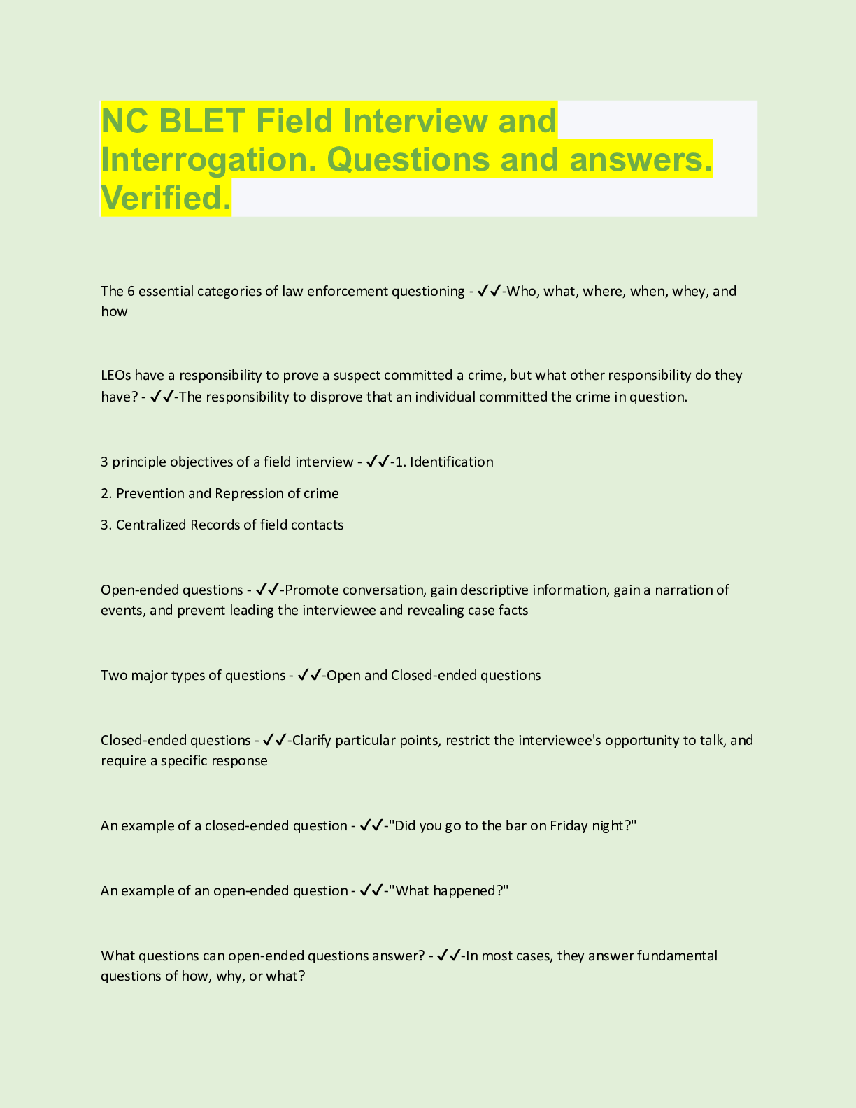NC BLET Field Interview and Interrogation. Questions and answers ...