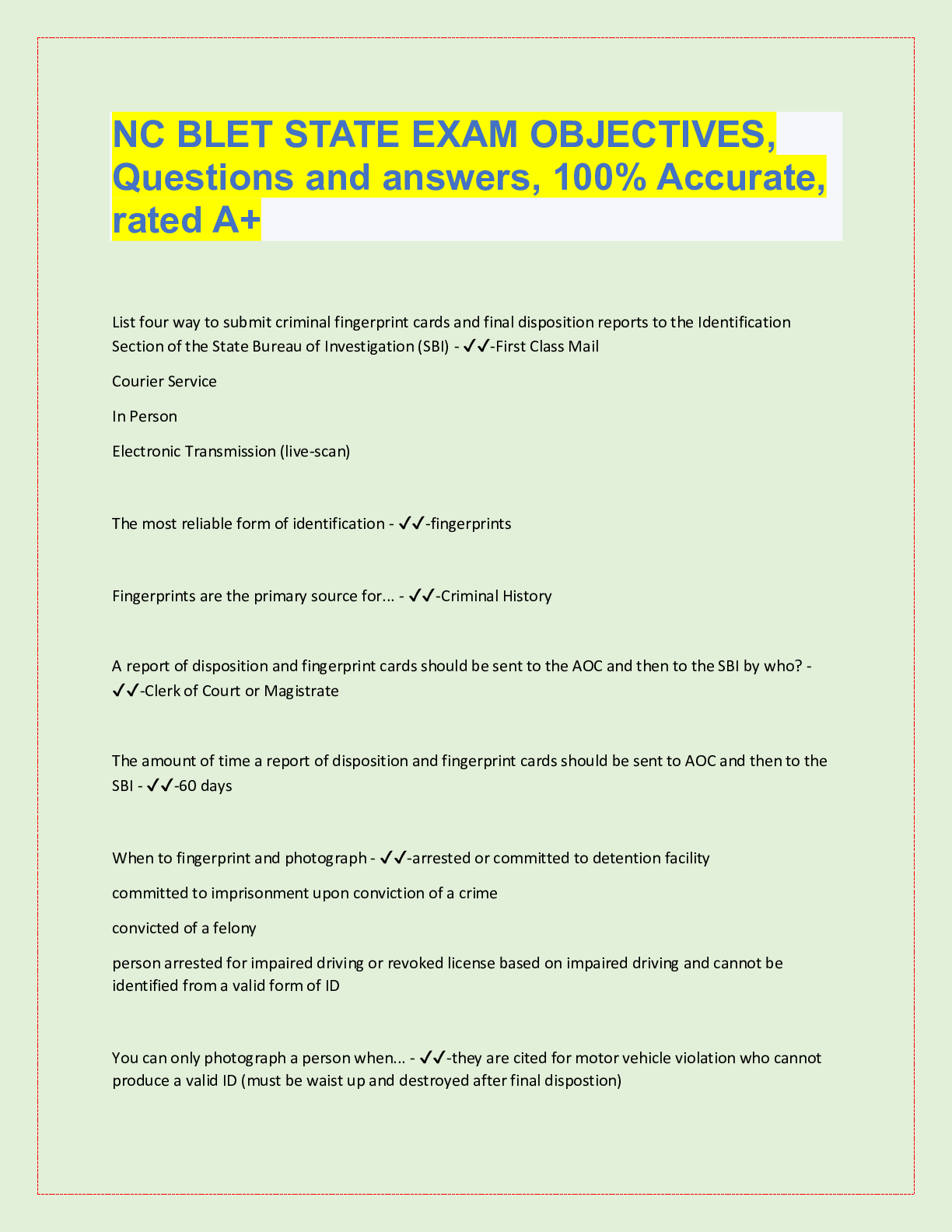 NC BLET STATE EXAM OBJECTIVES, Questions and answers, 100% Accurate ...