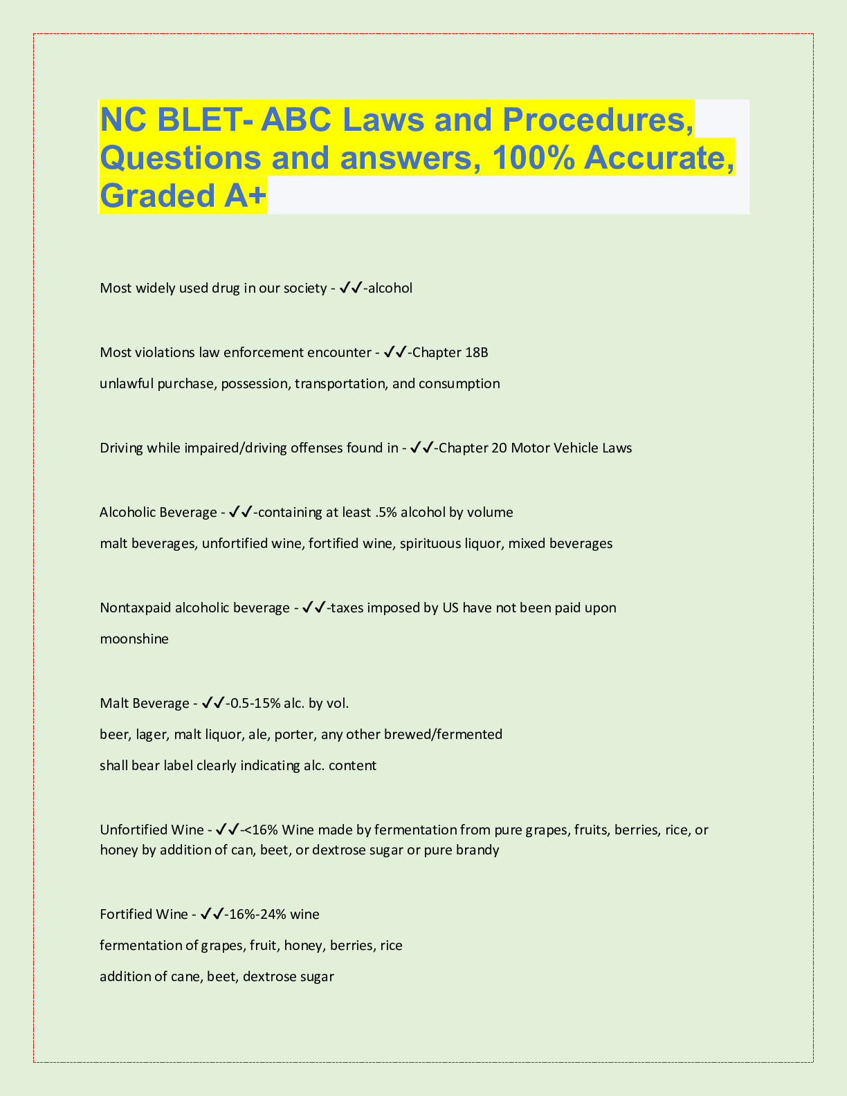 NC BLET- ABC Laws and Procedures, Questions and answers, 100% Accurate ...