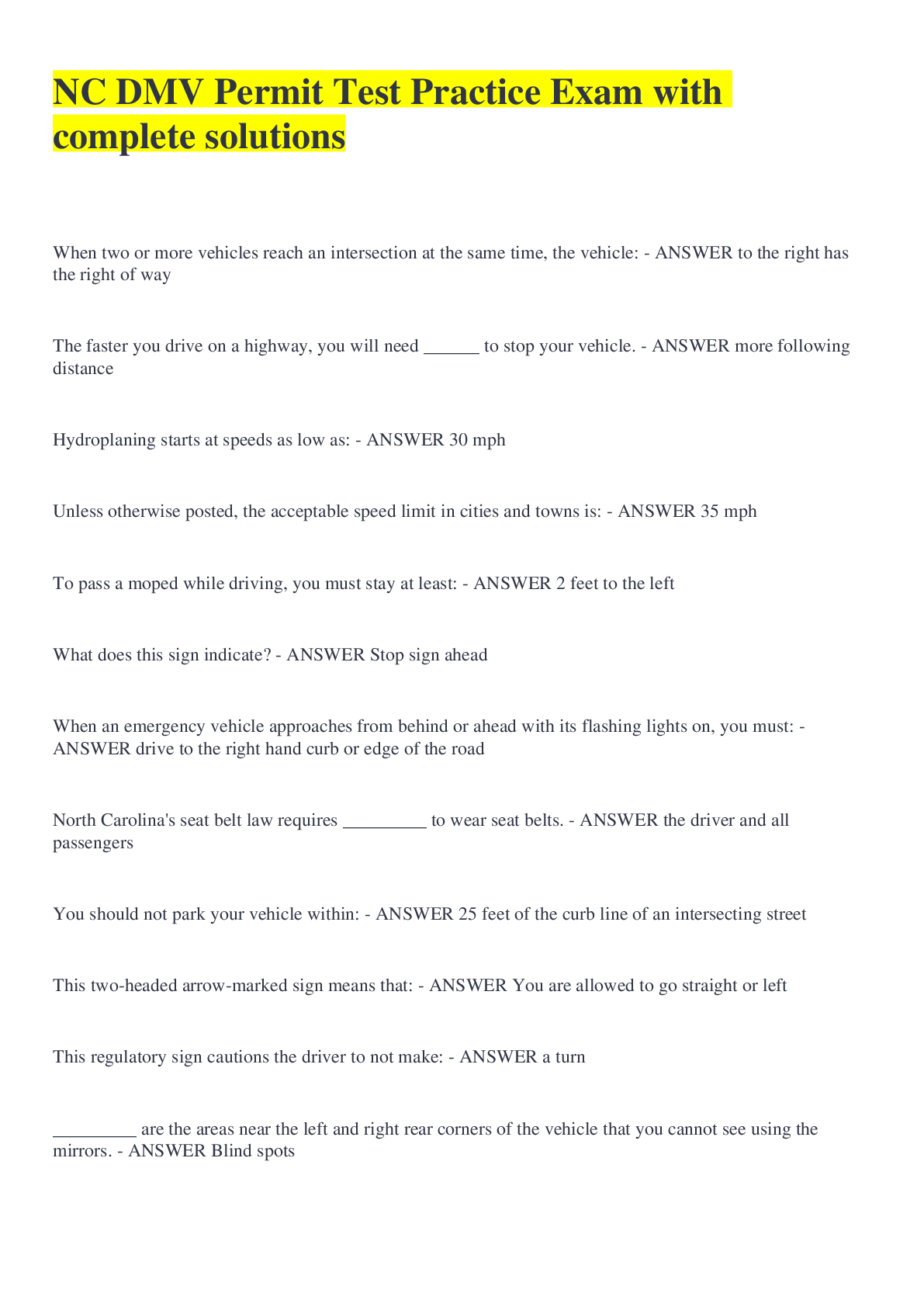 NC DMV Permit Test Practice Exam with complete solutions - Scholarfriends