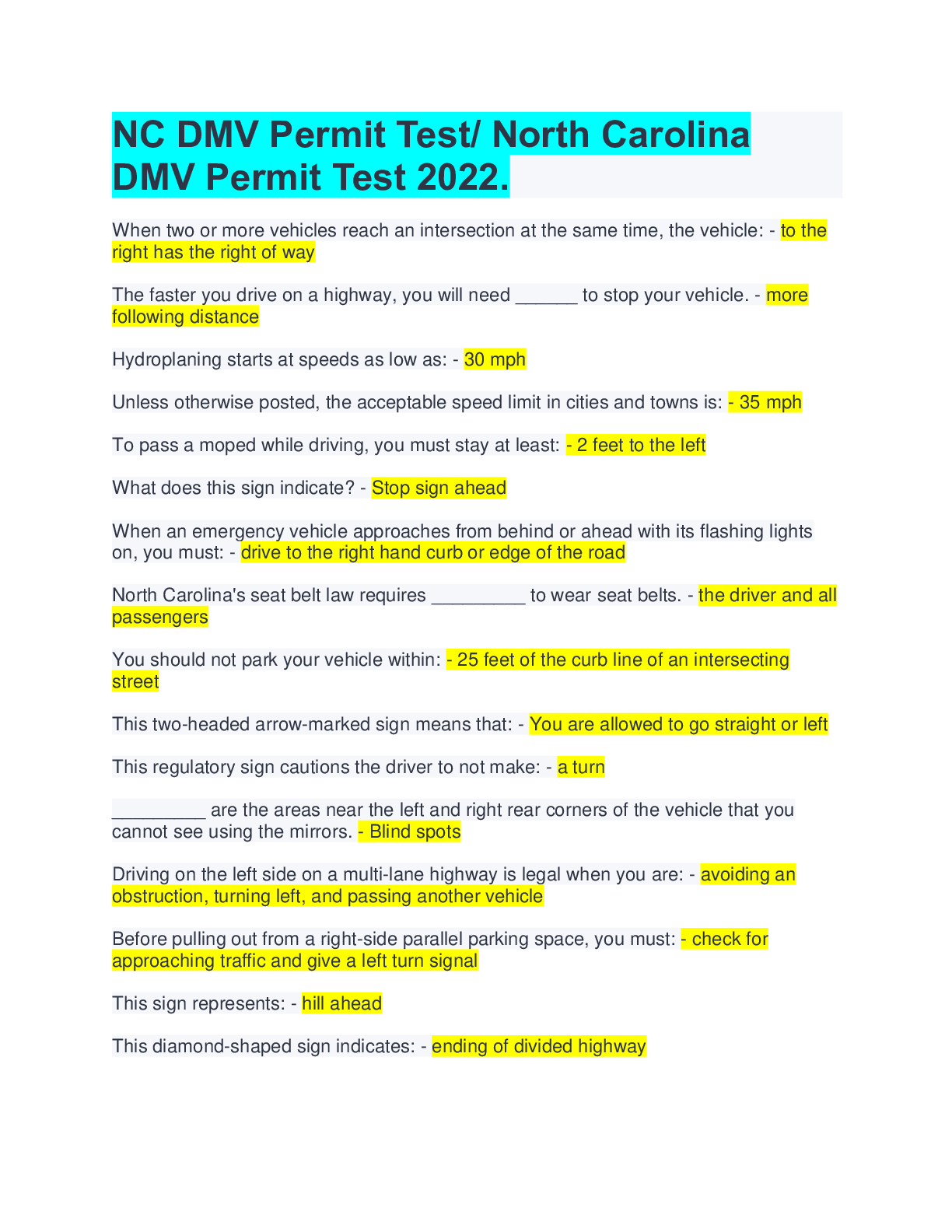 (Study this one!) NC DMV Permit Test/ North Carolina DMV Permit Test ...