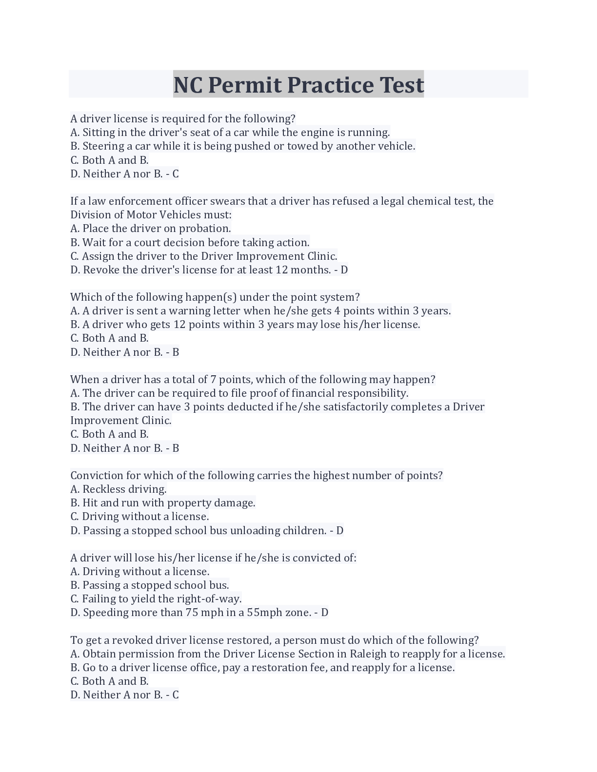 NC Permit Practice Test 100% Questions And Answers - Scholarfriends