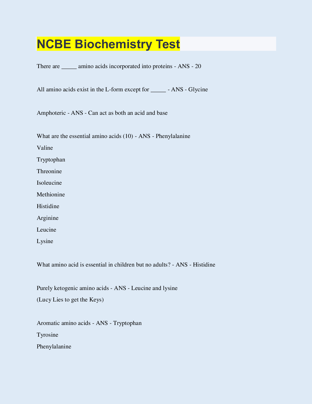NCBE Biochemistry Test | 130 Questions with 100% Correct Answers ...