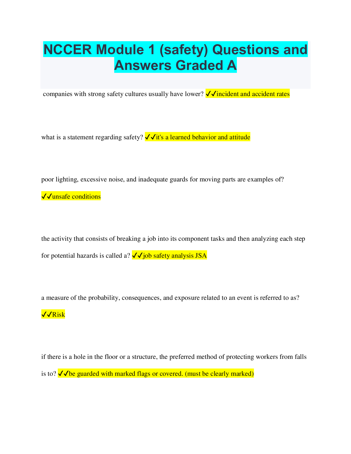 NCCER Module 1 (safety) Questions and Answers Graded A - Scholarfriends