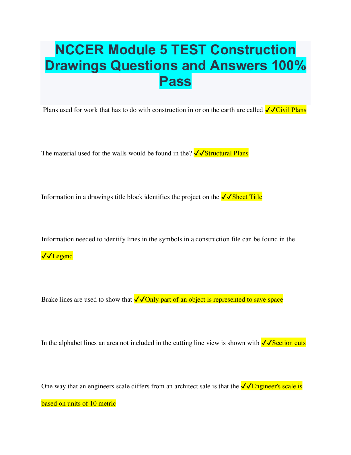 NCCER Module 5 TEST Construction Drawings Questions and Answers 100% ...