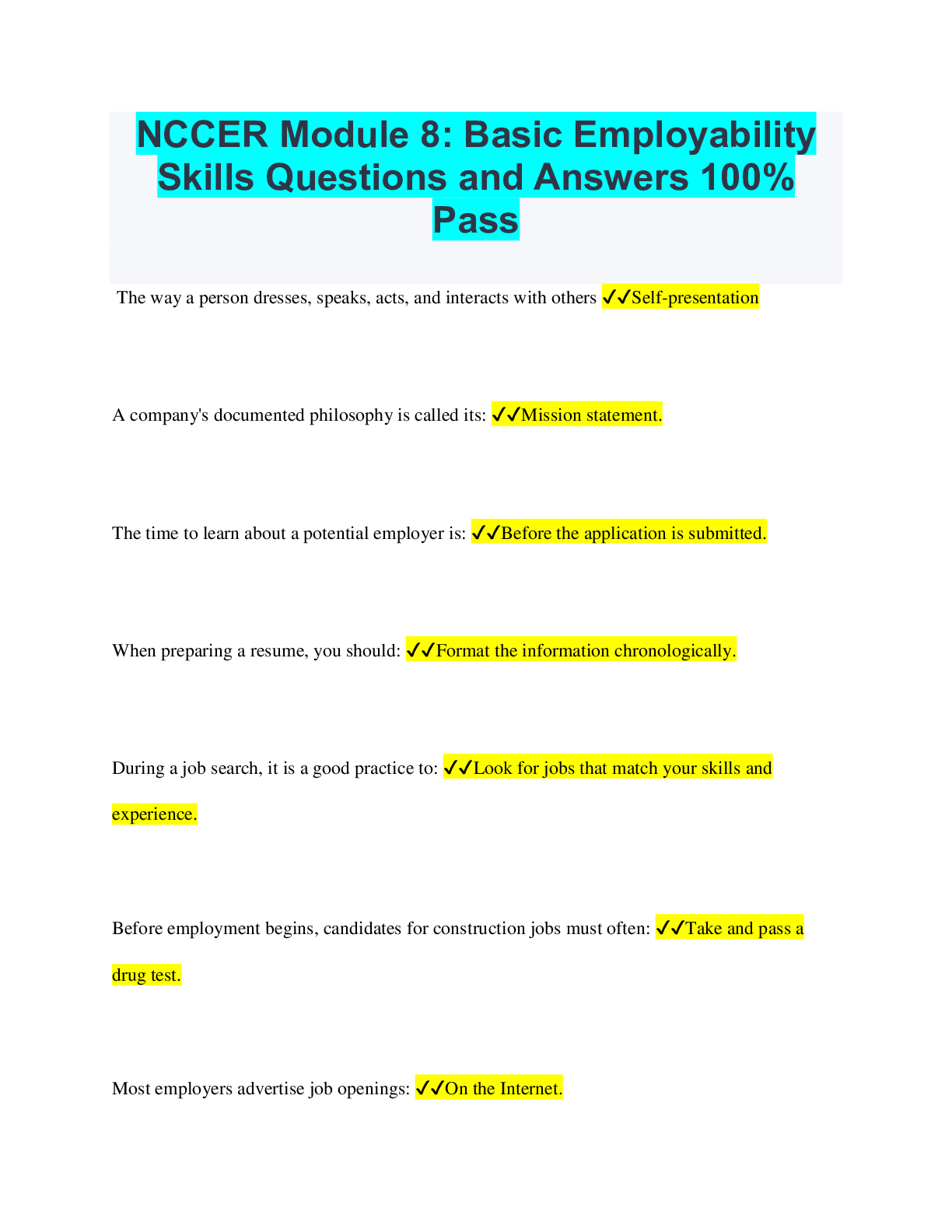 NCCER Module 8: Basic Employability Skills Questions and Answers 100% ...