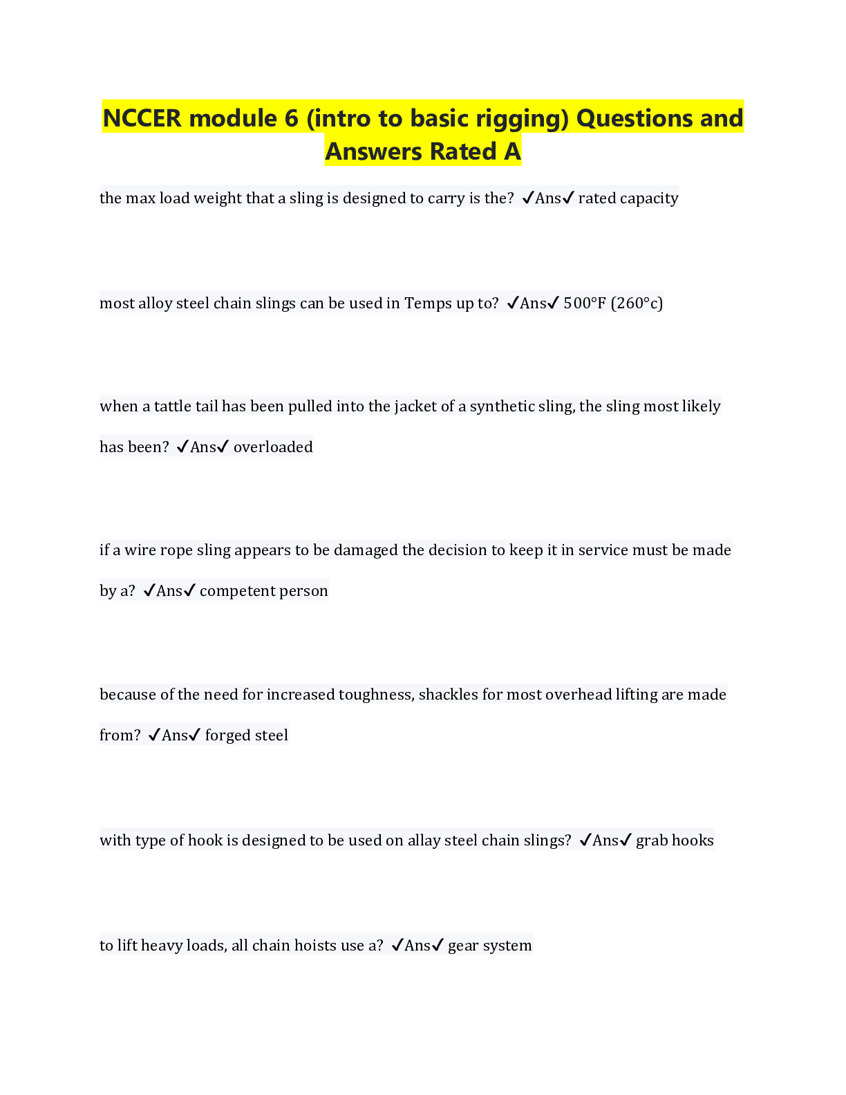 NCCER module 6 (intro to basic rigging) Questions and Answers Rated A ...