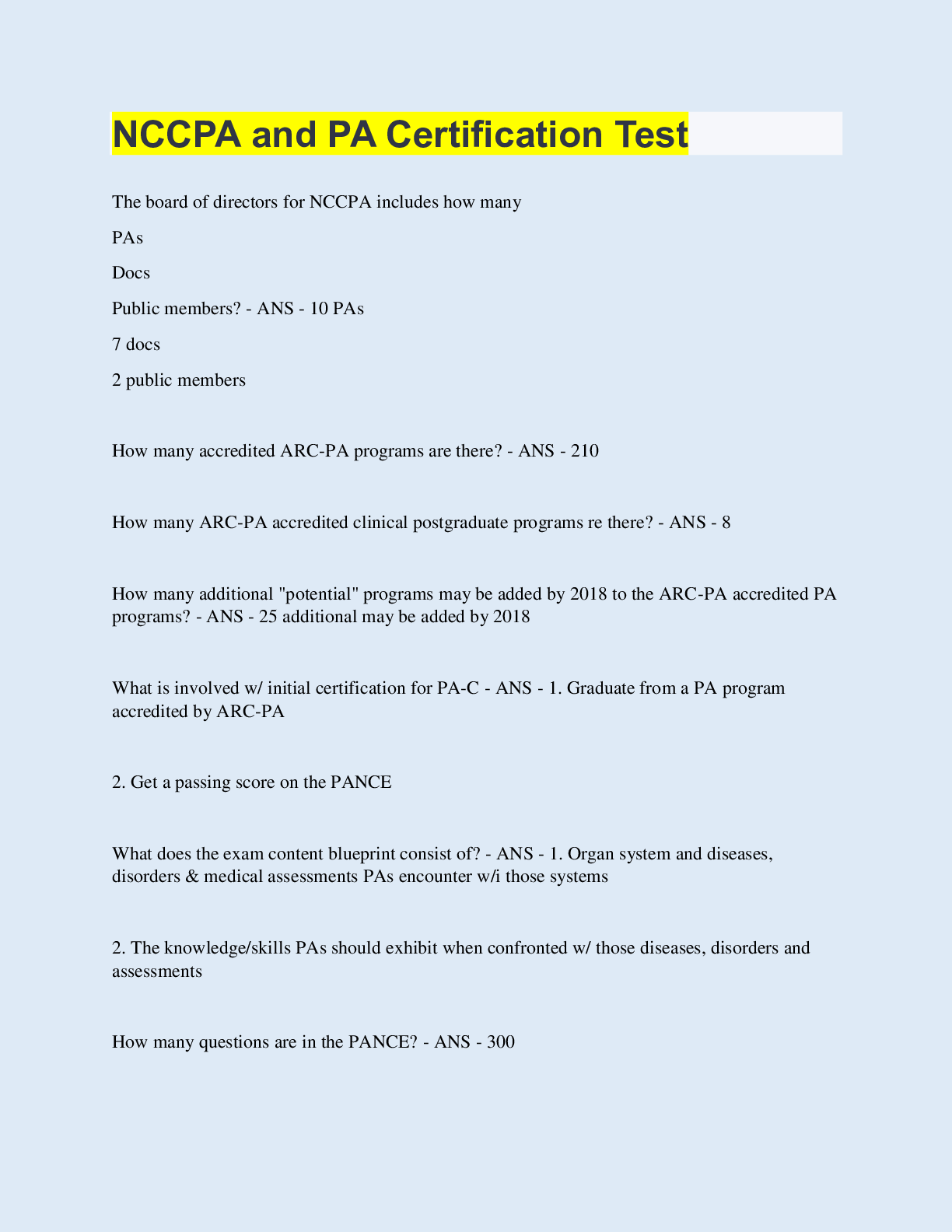 NCCPA and PA Certification Test | with 100% Correct Answers | Updated ...