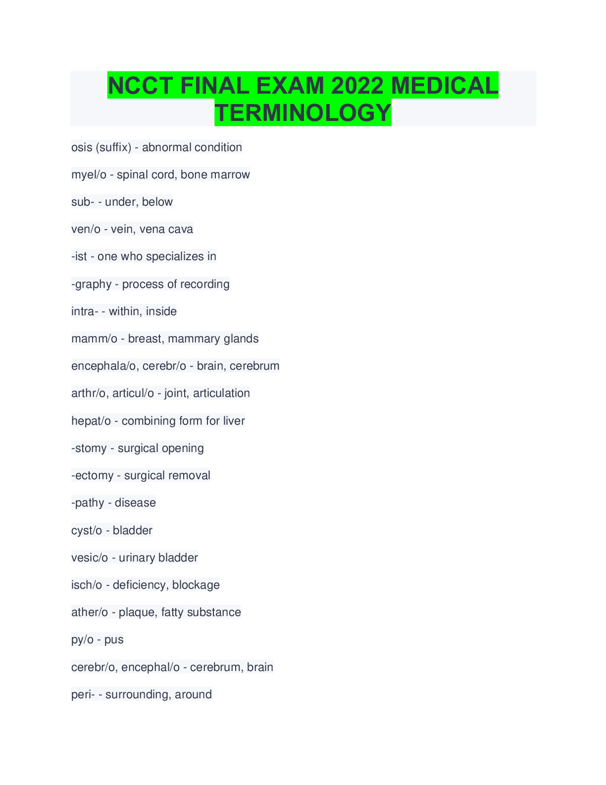 NCCT FINAL EXAM 2022 MEDICAL TERMINOLOGY - Scholarfriends