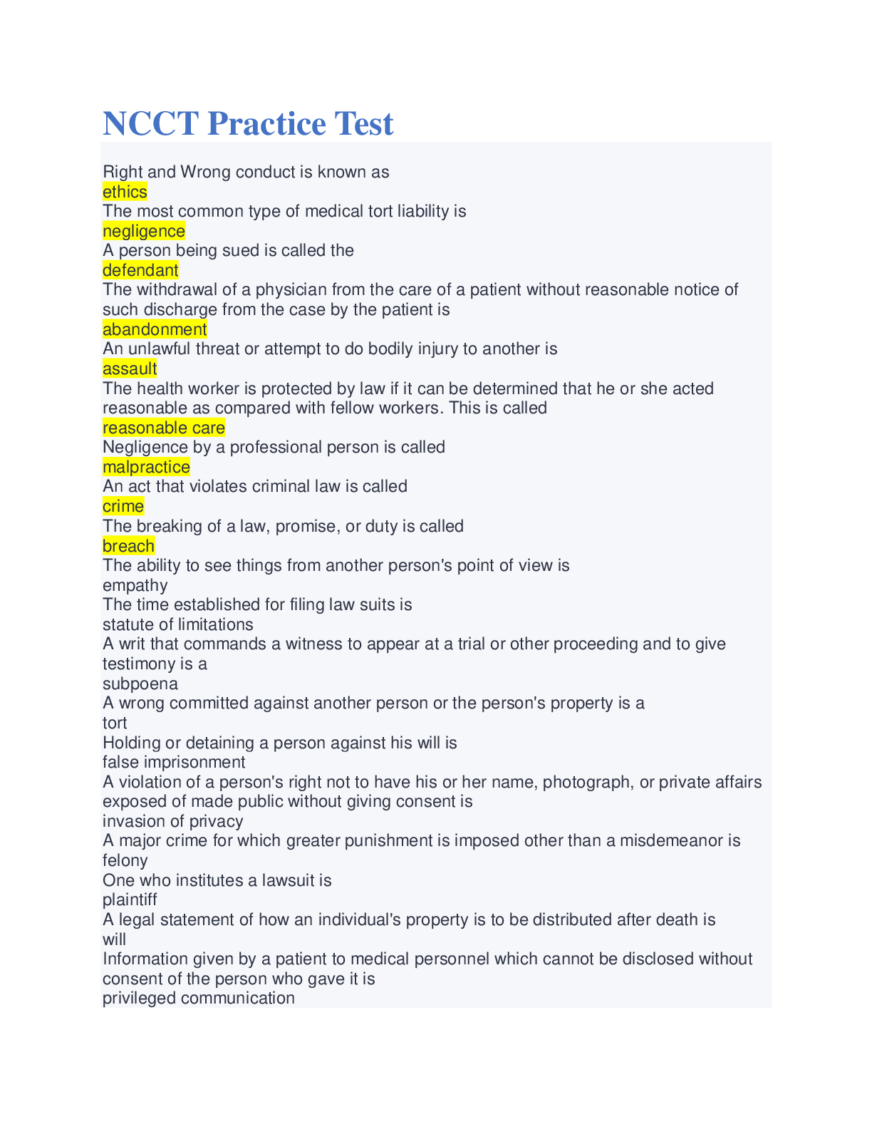 NCCT Practice Test Questions and Answers - Scholarfriends