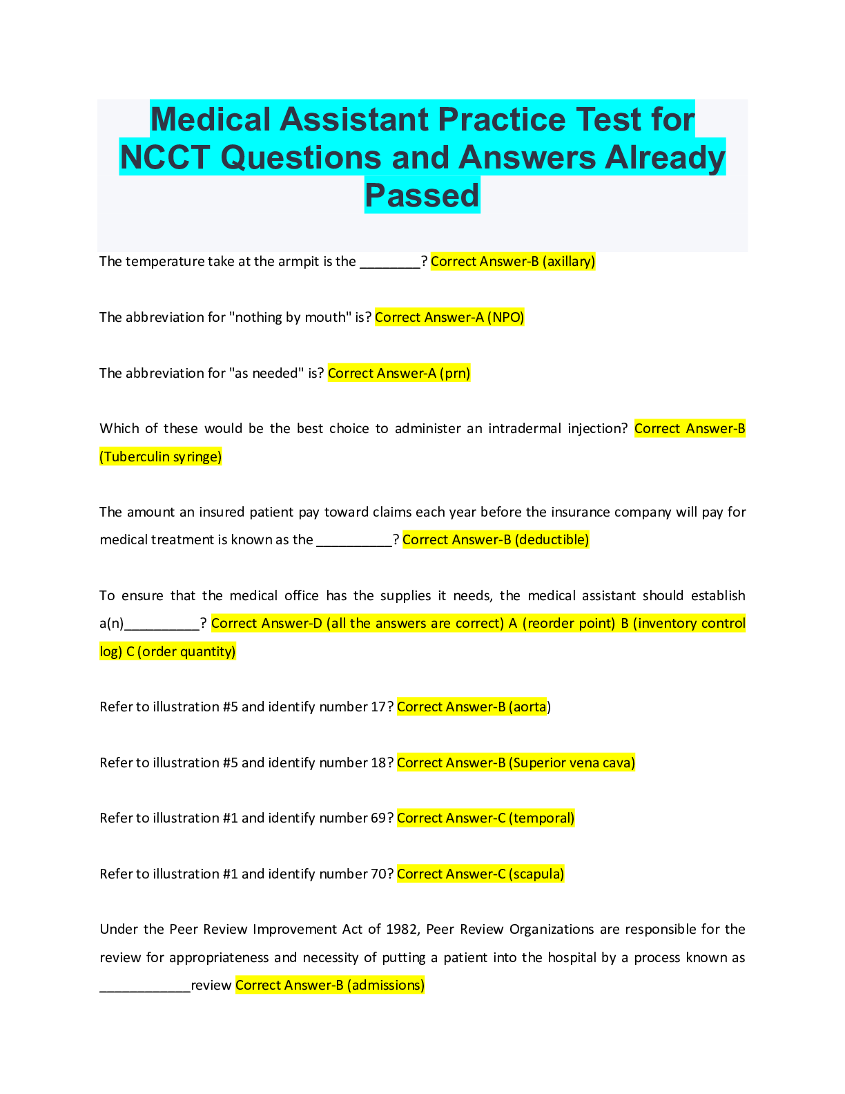 Medical Assistant Practice Test for NCCT Questions and Answers Already ...