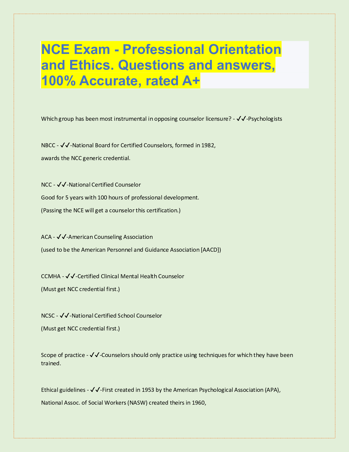 NCE Exam - Professional Orientation and Ethics. Questions and answers ...
