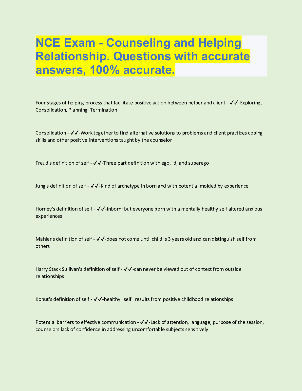 NCE Exam - Counseling and Helping Relationship. Questions with accurate ...