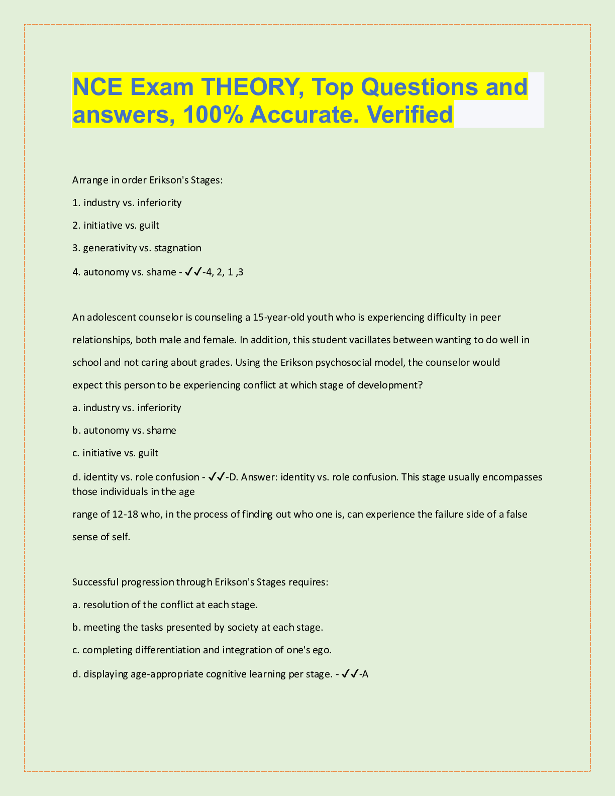 NCE Exam THEORY, Top Questions and answers, 100% Accurate. Verified ...