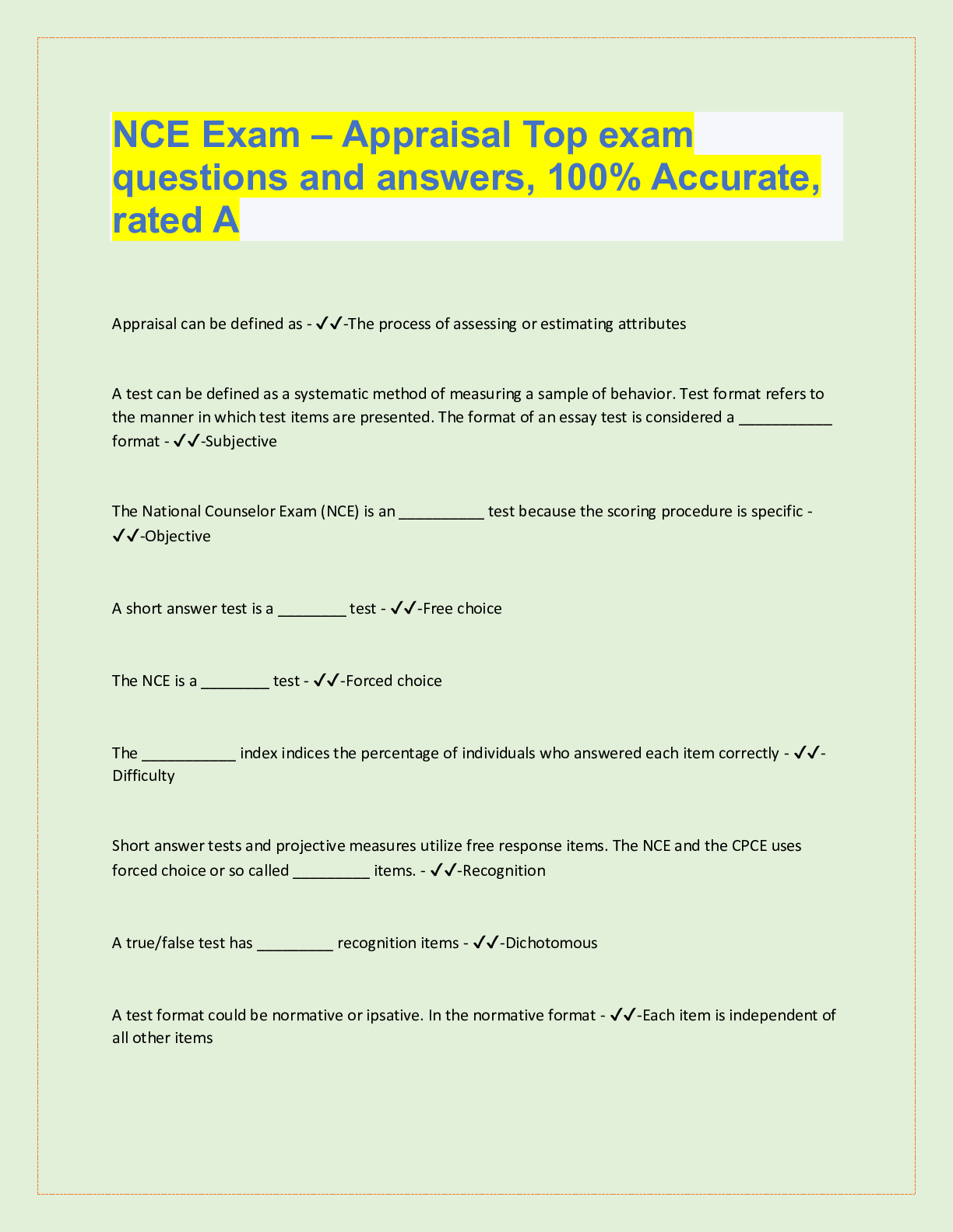 NCE Exam: Lifestyle and Career Development with COMPLETE SOLUTION ...