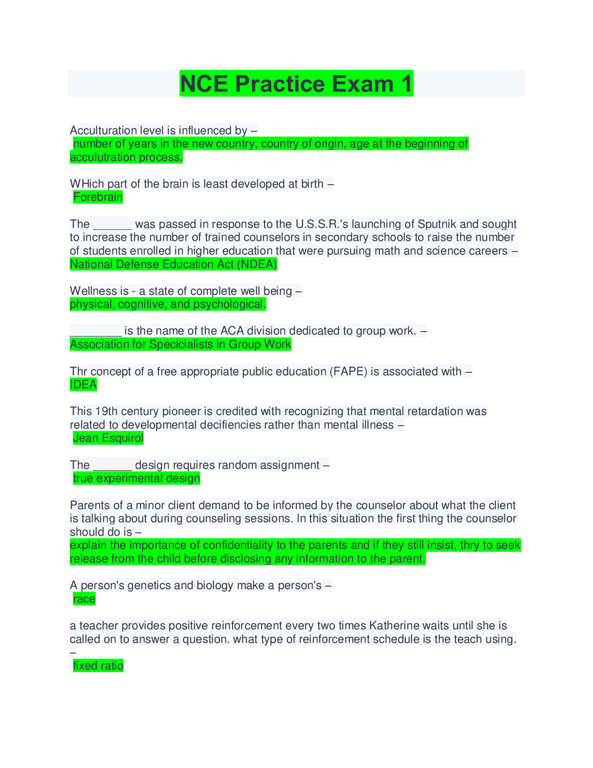 NCE Practice Exam 1 Questions And Answers( With Complete Solution Rated ...