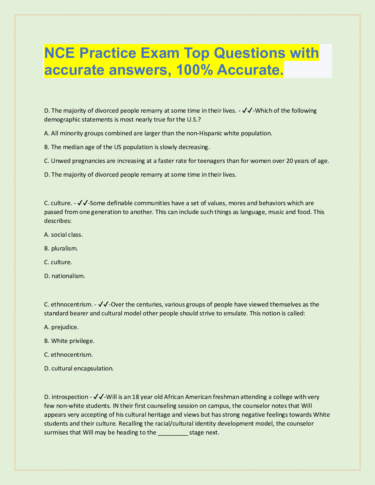 NCE Practice Exam Top Questions with accurate answers, 100% Accurate ...