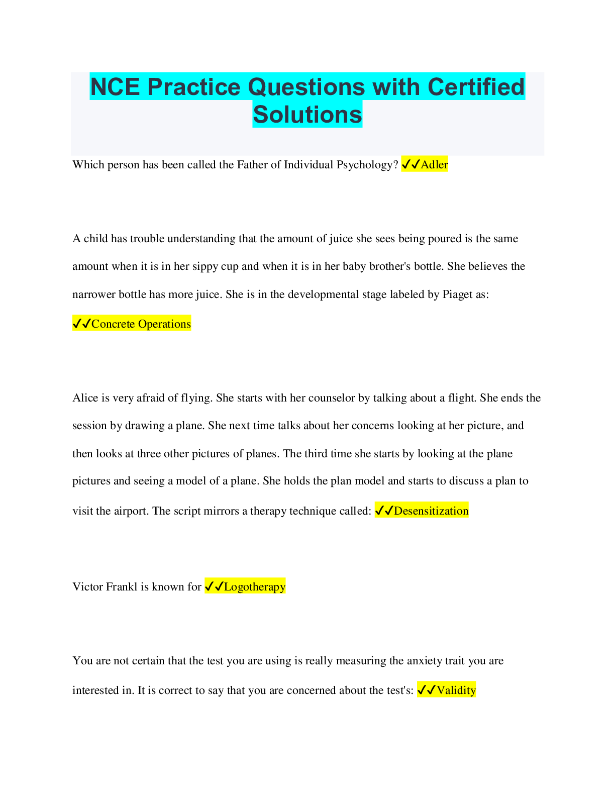 NCE Practice Questions with Certified Solutions - Scholarfriends