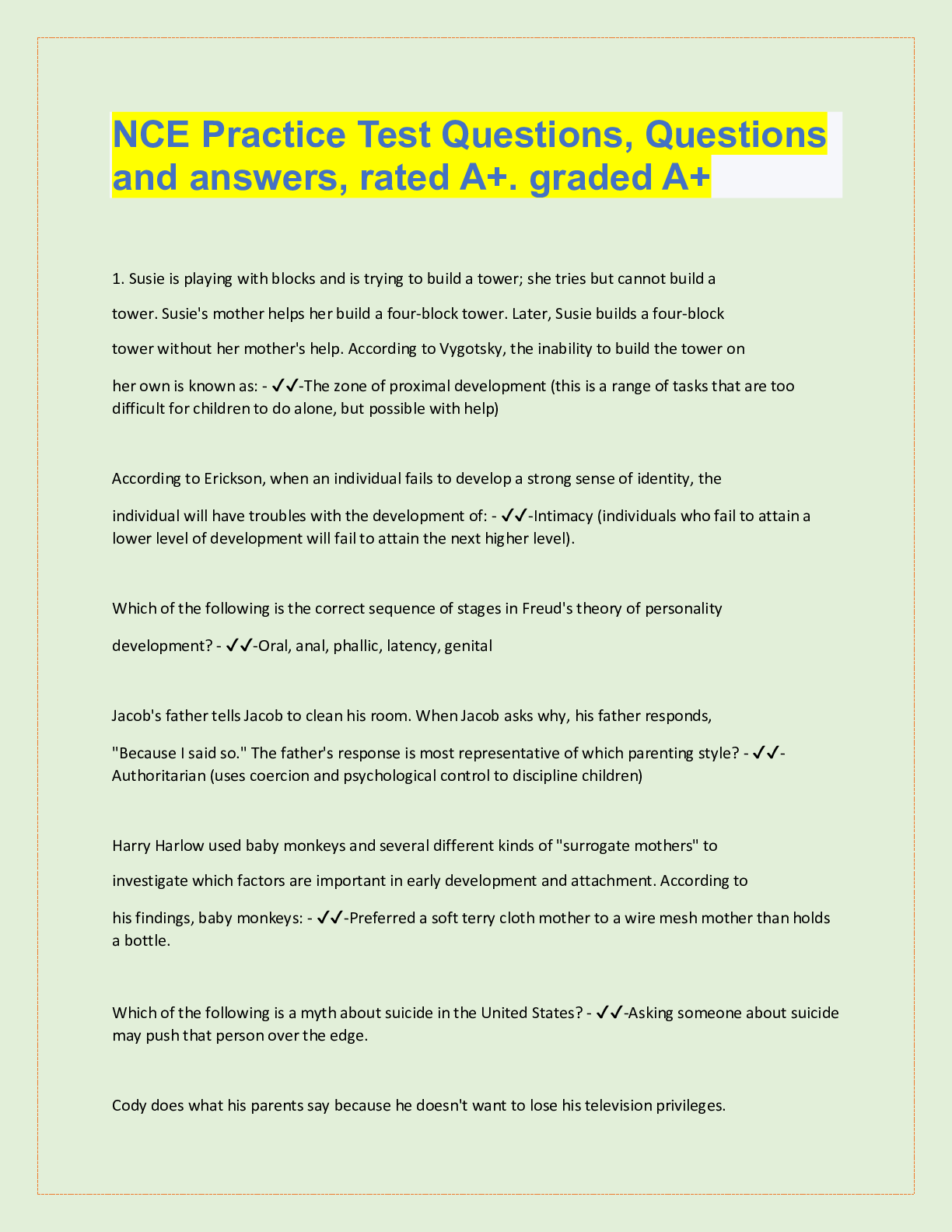 NCE Practice Test Questions (205 Questions with 100% Correct Answers ...