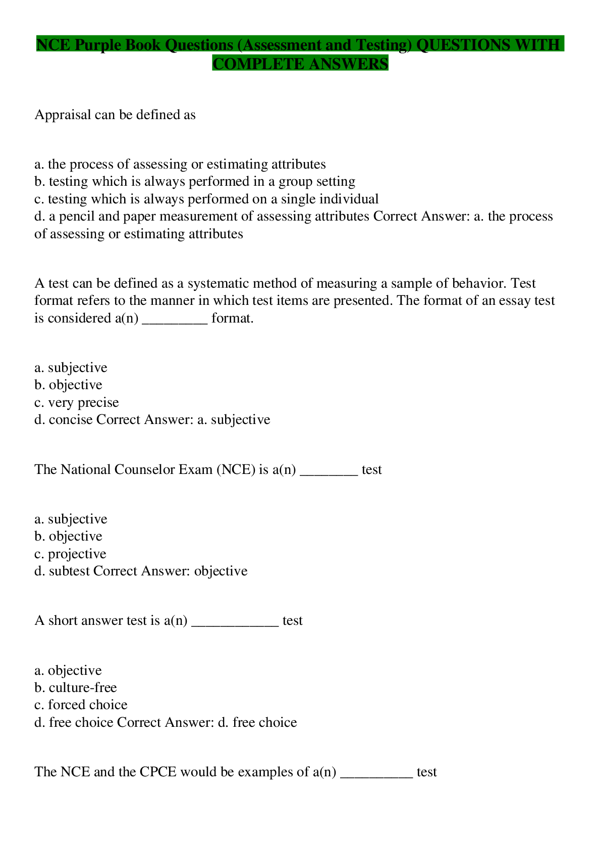 NCE Purple Book Questions (Assessment and Testing) QUESTIONS WITH ...