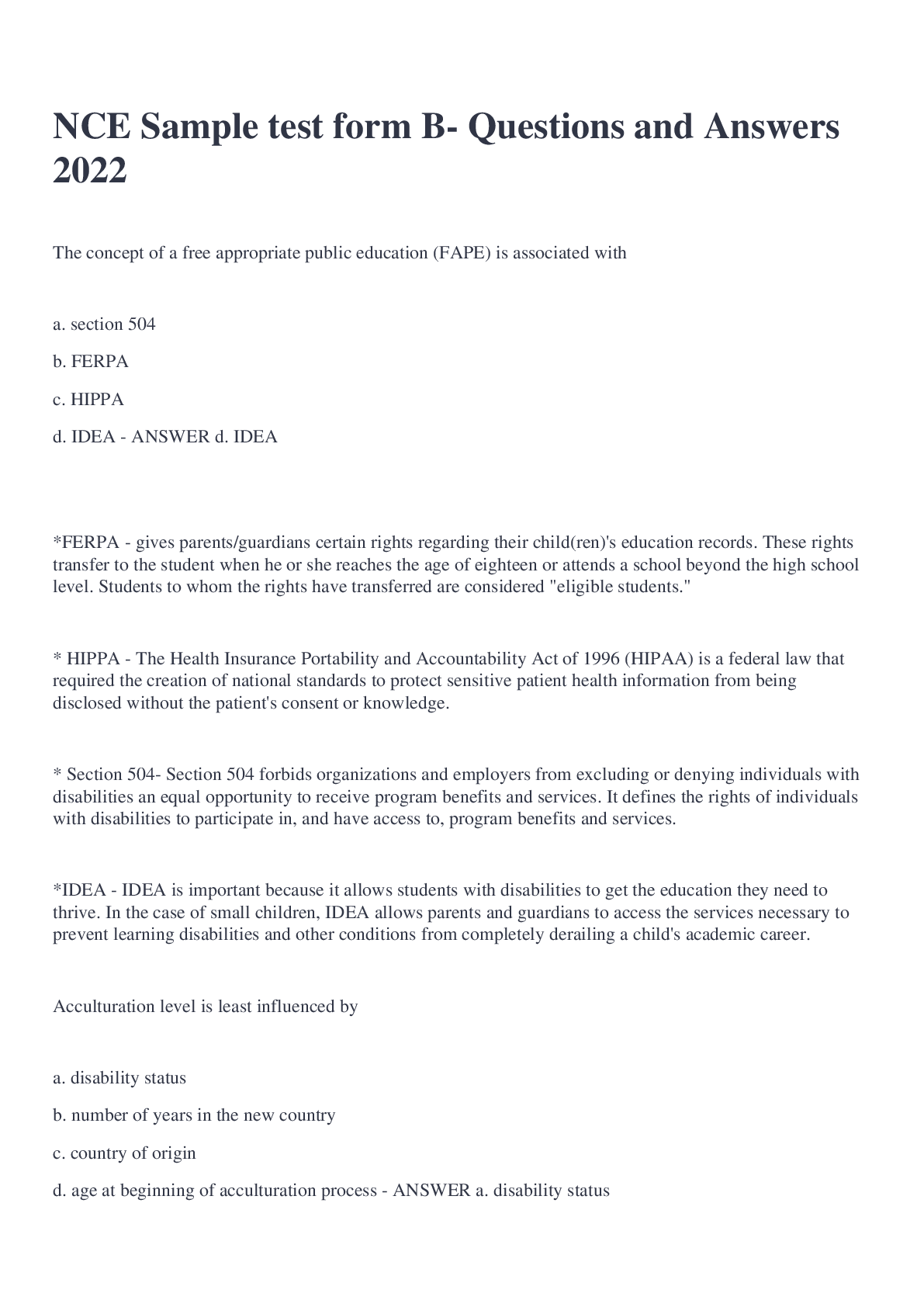 NCE Sample test form B- Questions and Answers 2022 – Scholarfriends ...