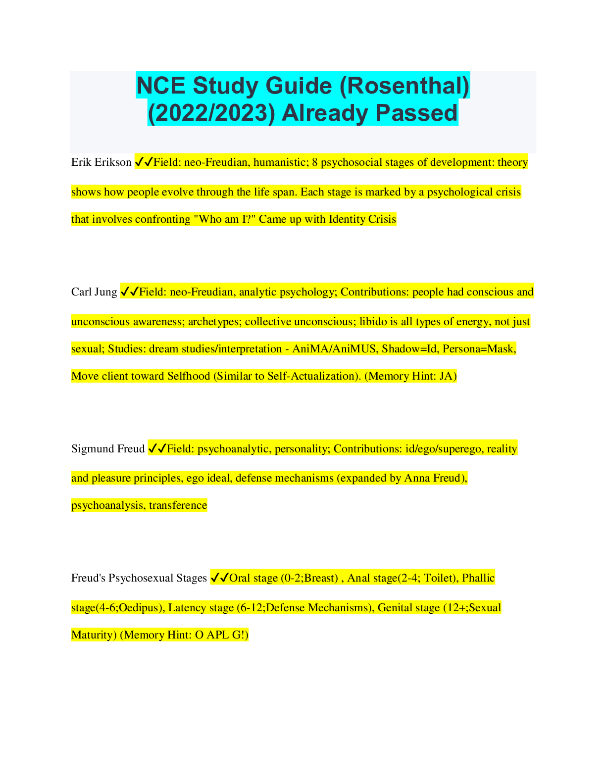 NCE Study Guide (Rosenthal) (2022/2023) Already Passed - Scholarfriends