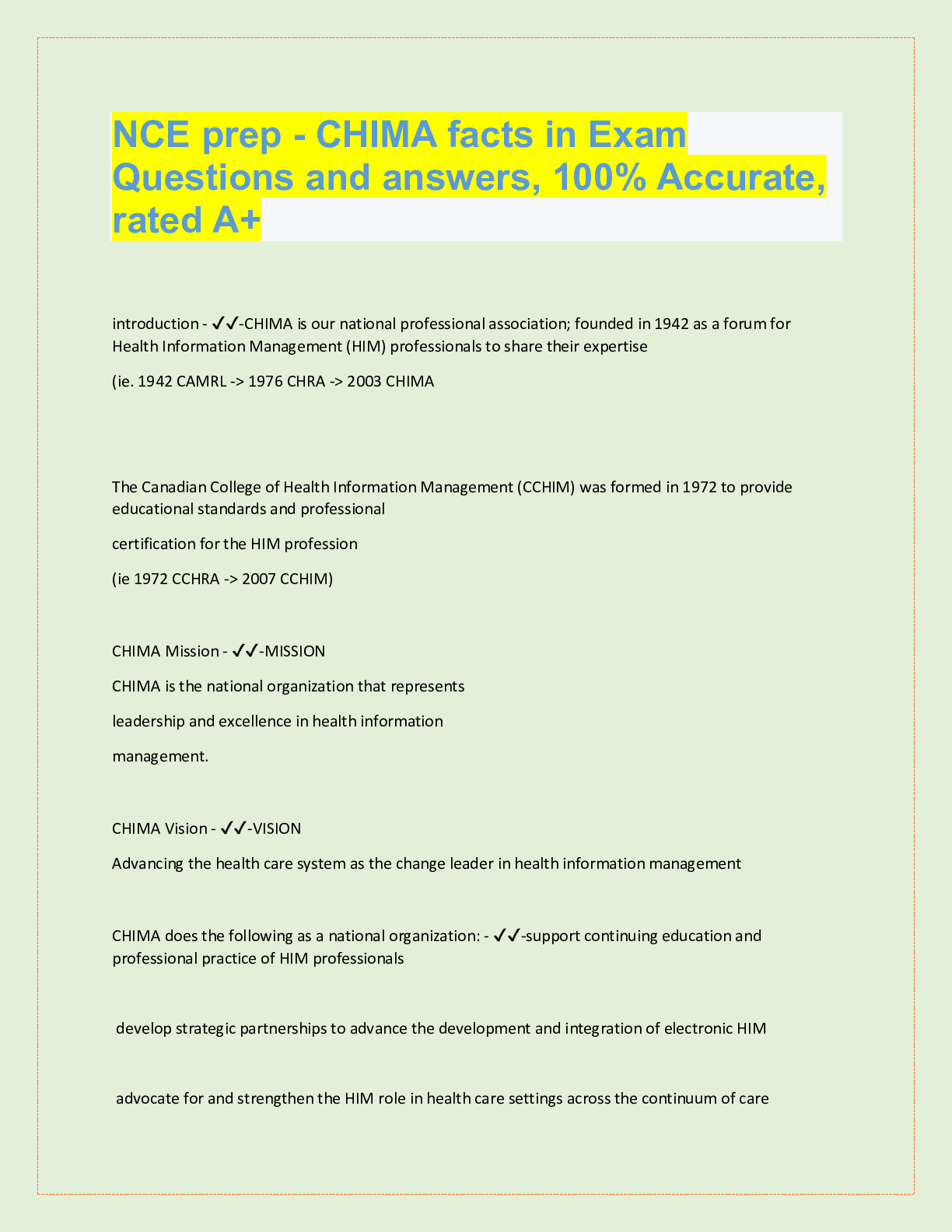 NCE prep - CHIMA facts in Exam Questions and answers, 100% Accurate ...