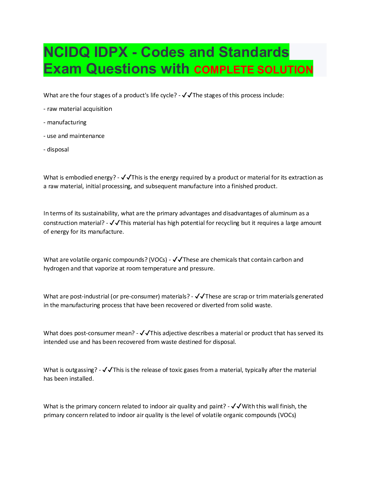 NCIDQ IDPX - Codes and Standards Exam Questions with COMPLETE SOLUTION ...