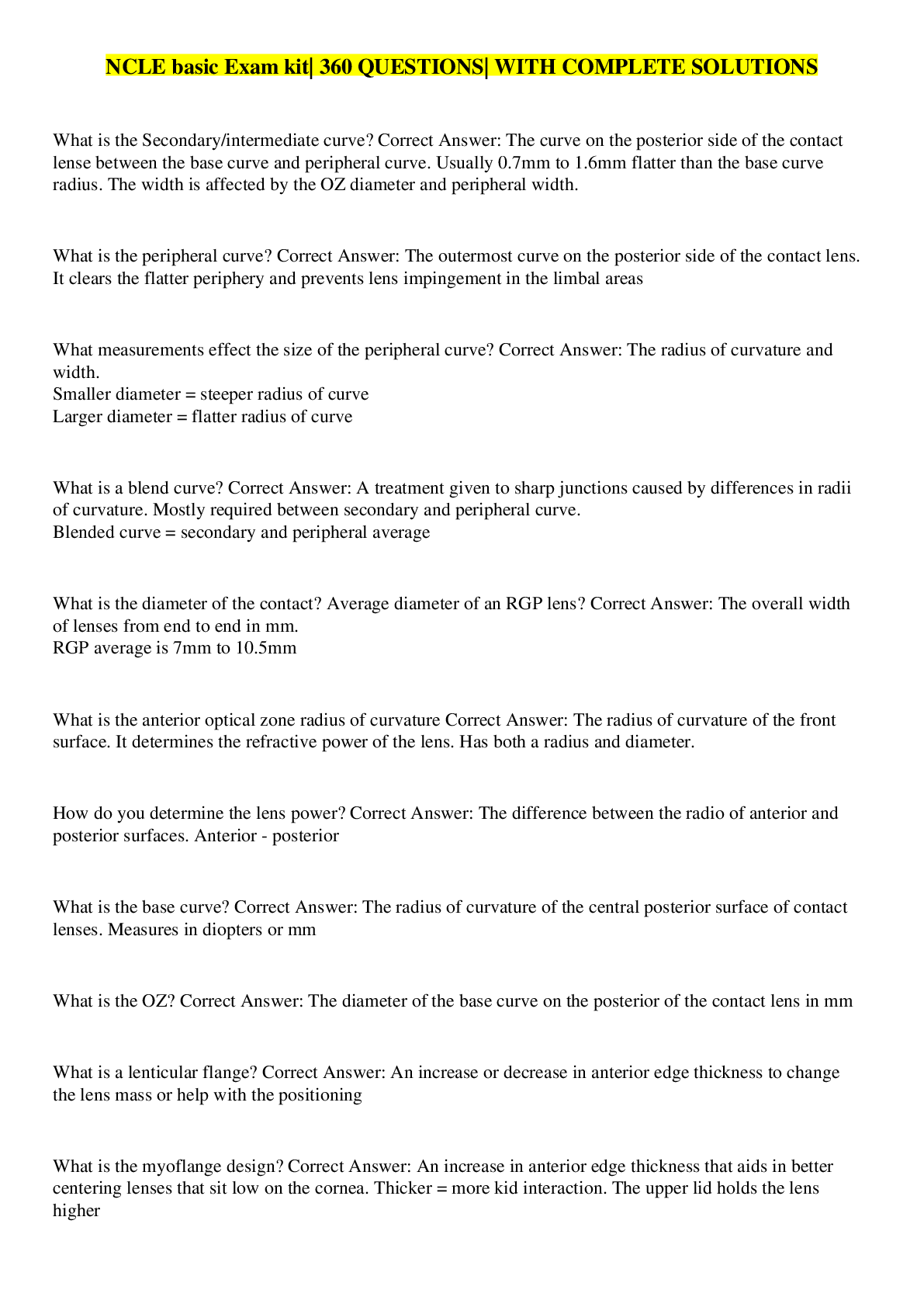 NCLE basic Exam kit| 360 QUESTIONS| WITH COMPLETE SOLUTIONS ...