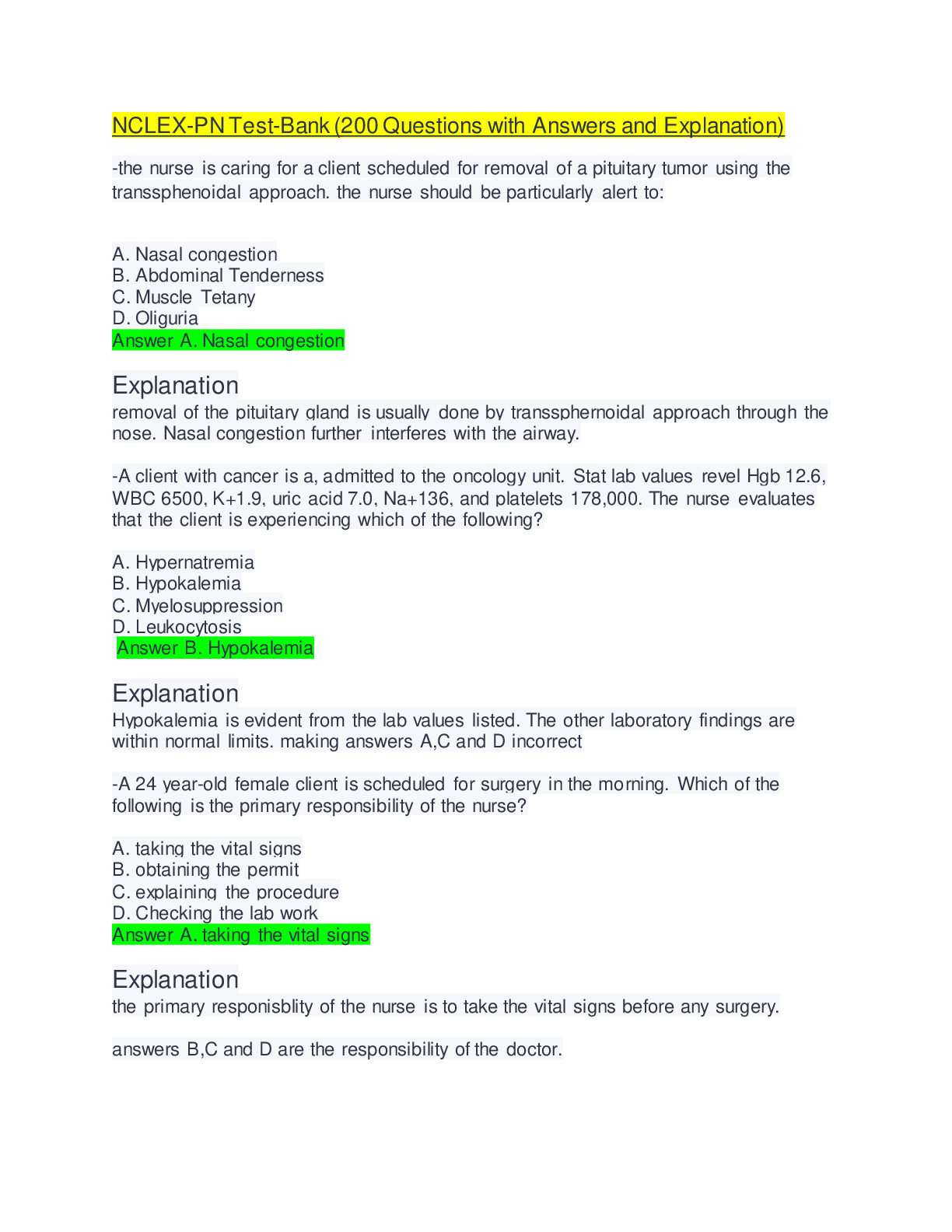 NCLEX-PN Test-Bank (200 Questions with Answers and Explanation ...